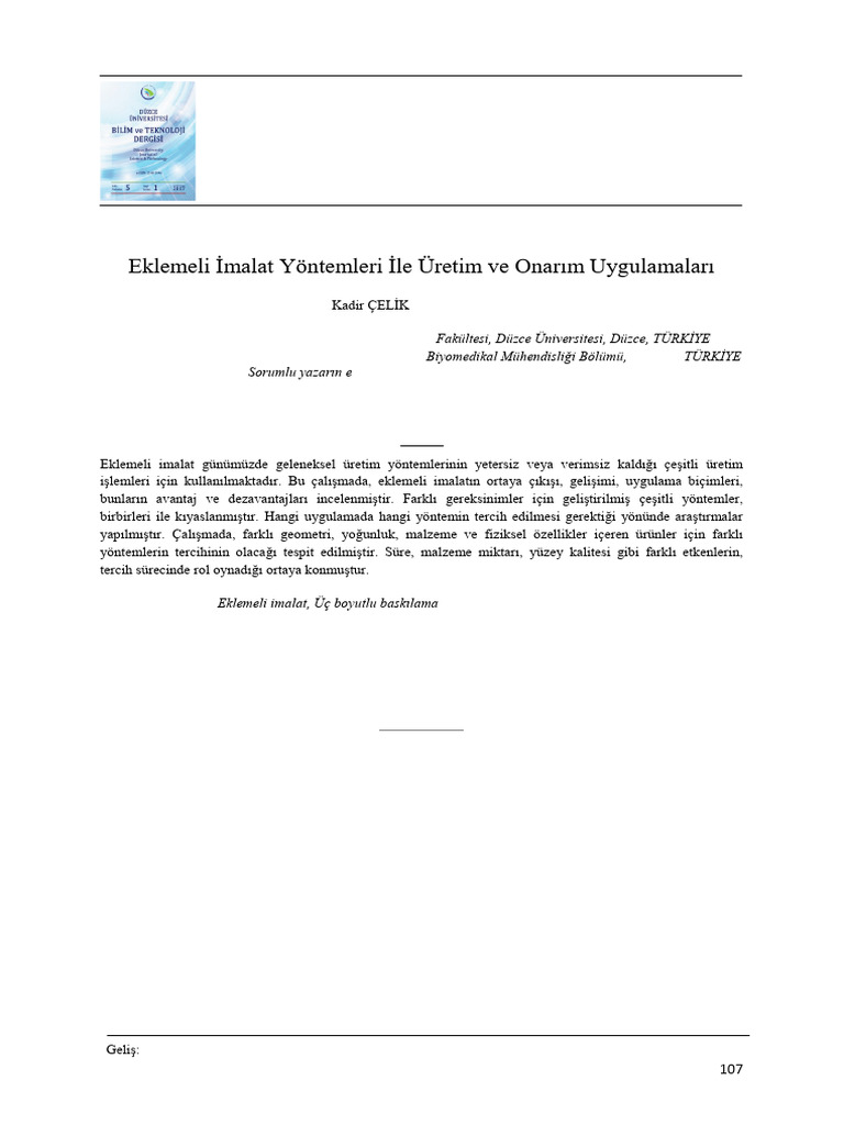 Eklemeli Malat Y Ntemleri Le Retim Ve Onar M Uygulamalar (#289155) - 272465 | PDF