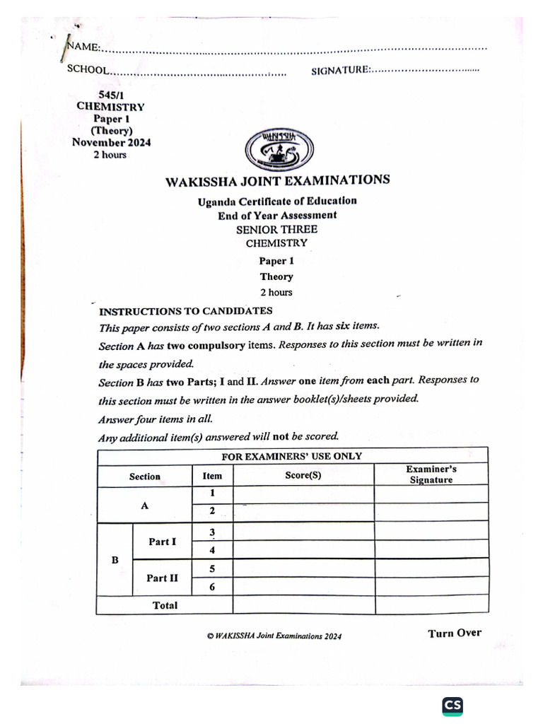 s.3 Eoy Chem Wakisha 2024 | PDF