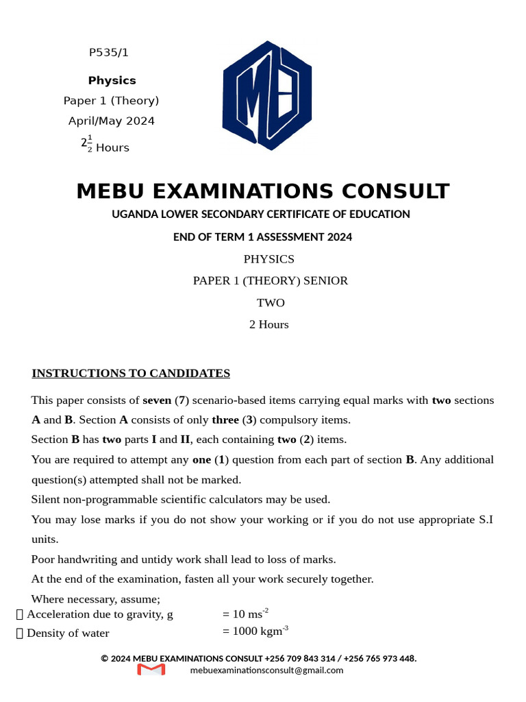 MEBU S.2 PHY 2024 | PDF | Physics