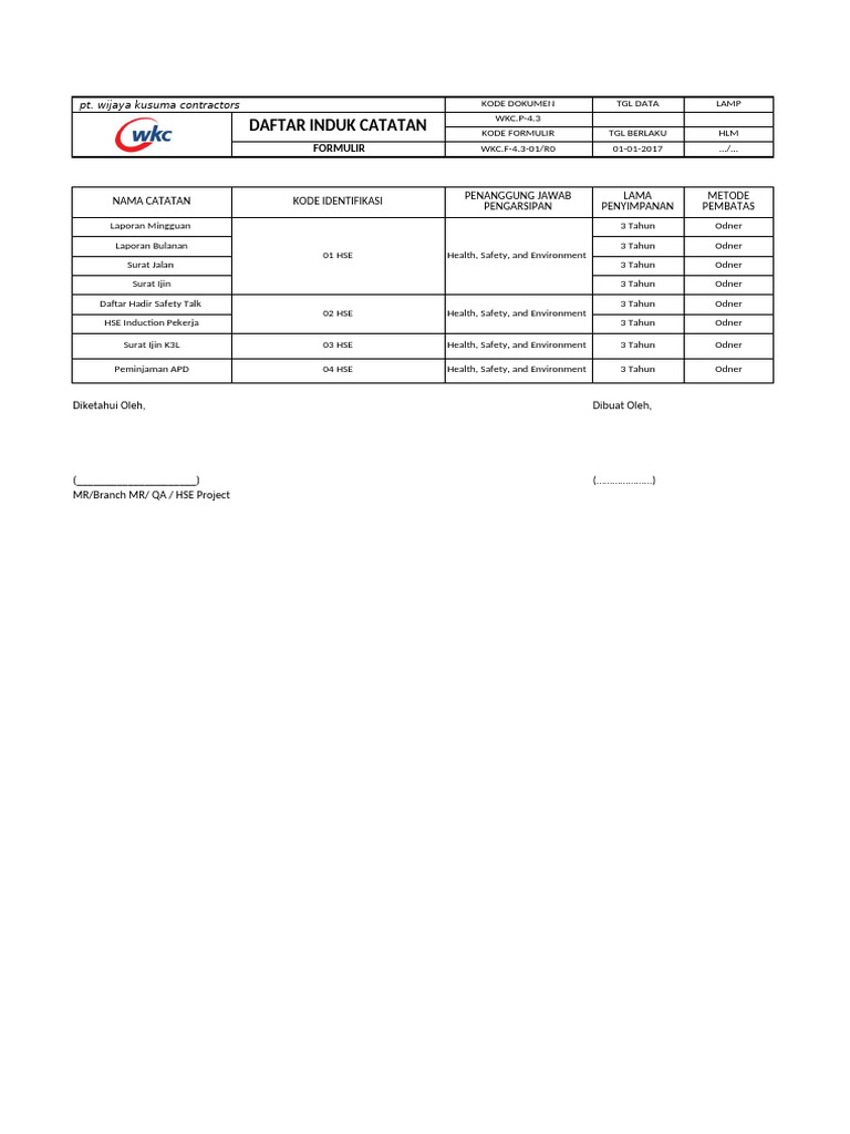 Daftar Induk Catatan (K3) | PDF