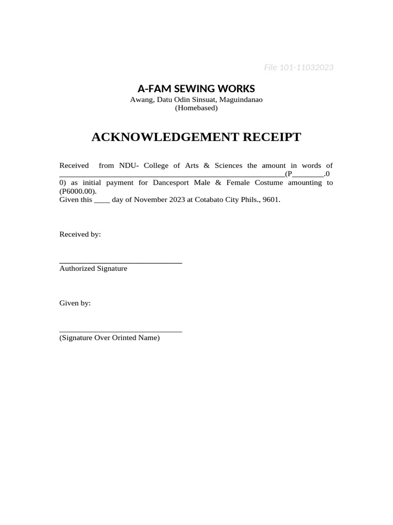 Acknowledgment Receipt for Costume Payment | PDF