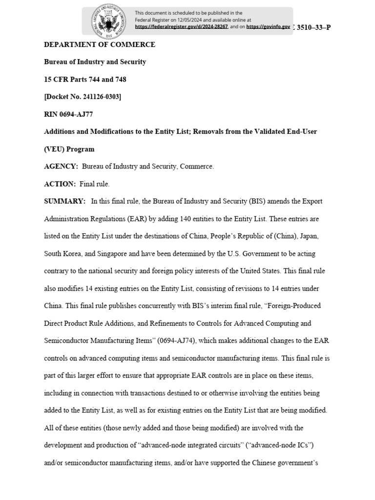 China Entity List Additions 2024-28267 Dec 5 2024 | PDF