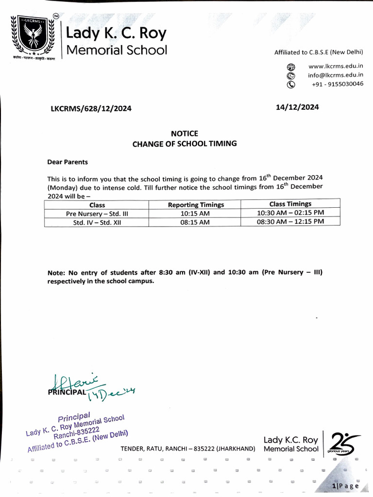 NOTICE NO. 628 (Re. Change of School Timing) | PDF