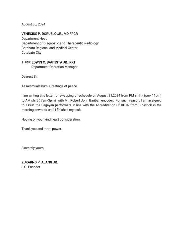 Letter for Swapping August 31 Rj | PDF