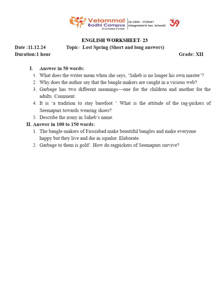 Lost Spring: Grade XII English Worksheet | PDF
