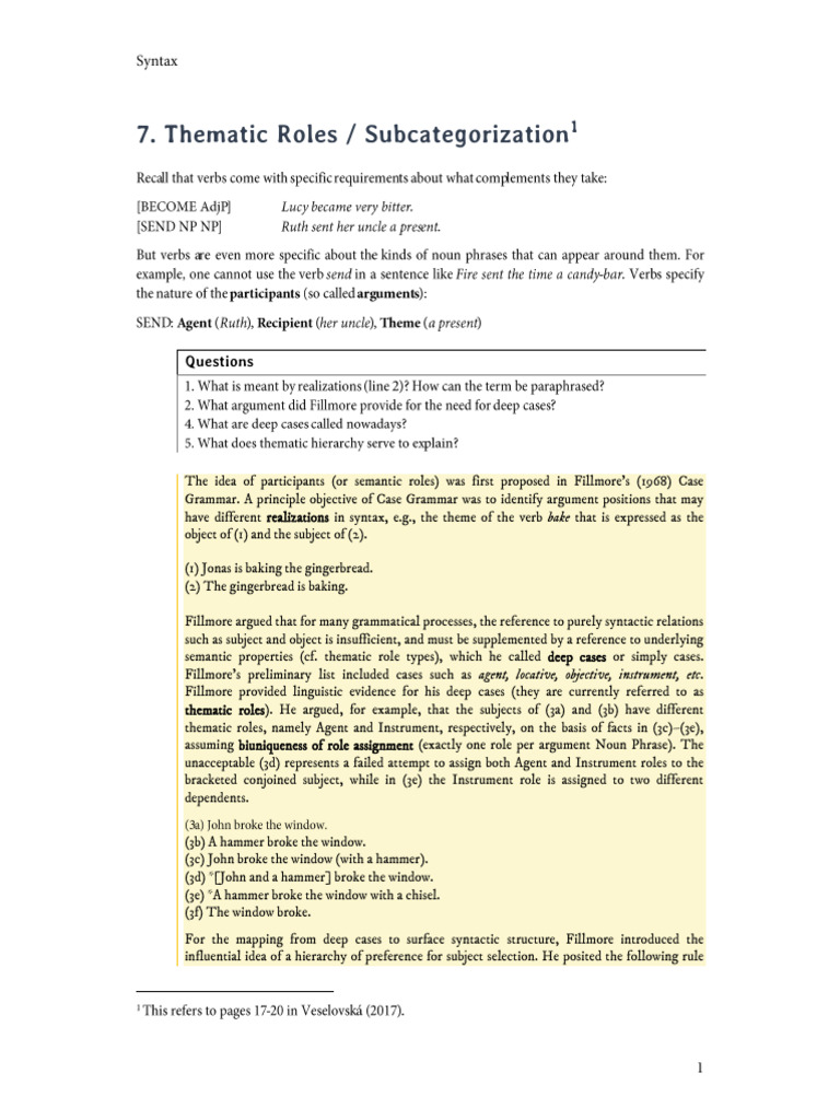 Syntax Thematic Roles | PDF | Syntax | Subject (Grammar)