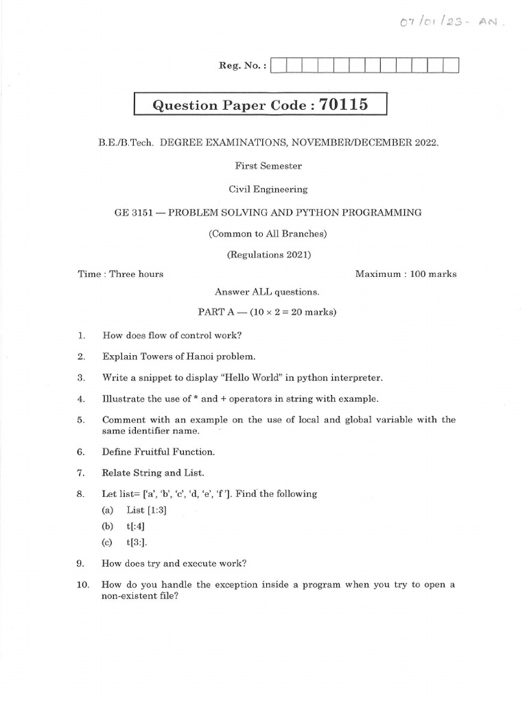 Problem Solving and Python Programming - GE3151 2021 Regulation - Semester Question Paper 2022 ...