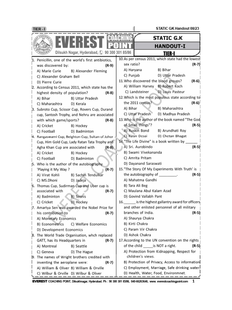 Static GK Questions Handout 08/23 | PDF