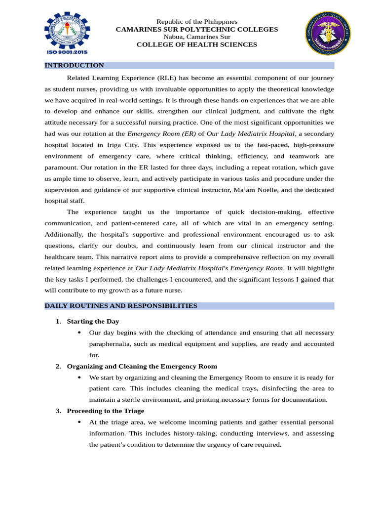 NARRATIVE REPORT | PDF | Emergency Department | Nursing