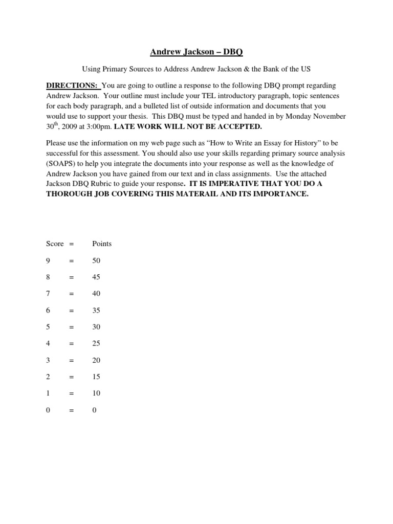 Andrew Jackson - DBQ: DIRECTIONS: You Are Going To Outline A Response To The Following DBQ ...