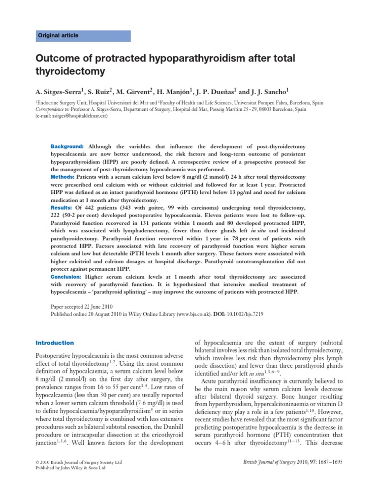 Outcome of Protracted Hypoparathyroidism After Total Thyroidectomy | PDF | Parathyroid Gland ...