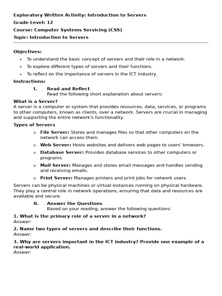 COC3 Exploratory Activity Introduction to Servers | PDF | World Wide ...