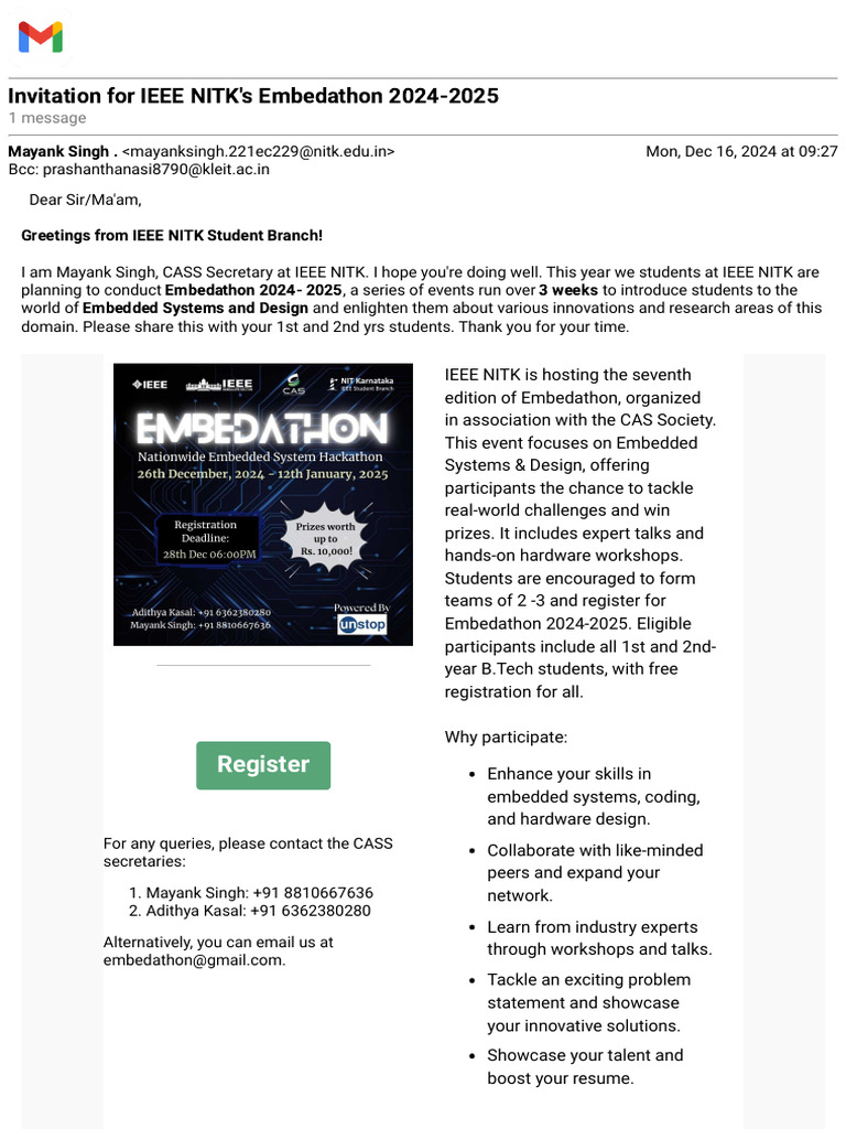 Gmail - Invitation for IEEE NITK's Embedathon 2024-2025 | PDF ...
