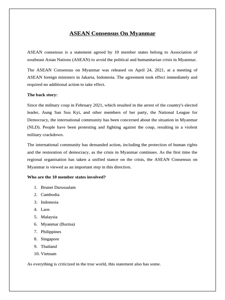 ASEAN Consensus On Myanmar | PDF | Myanmar | International Relations
