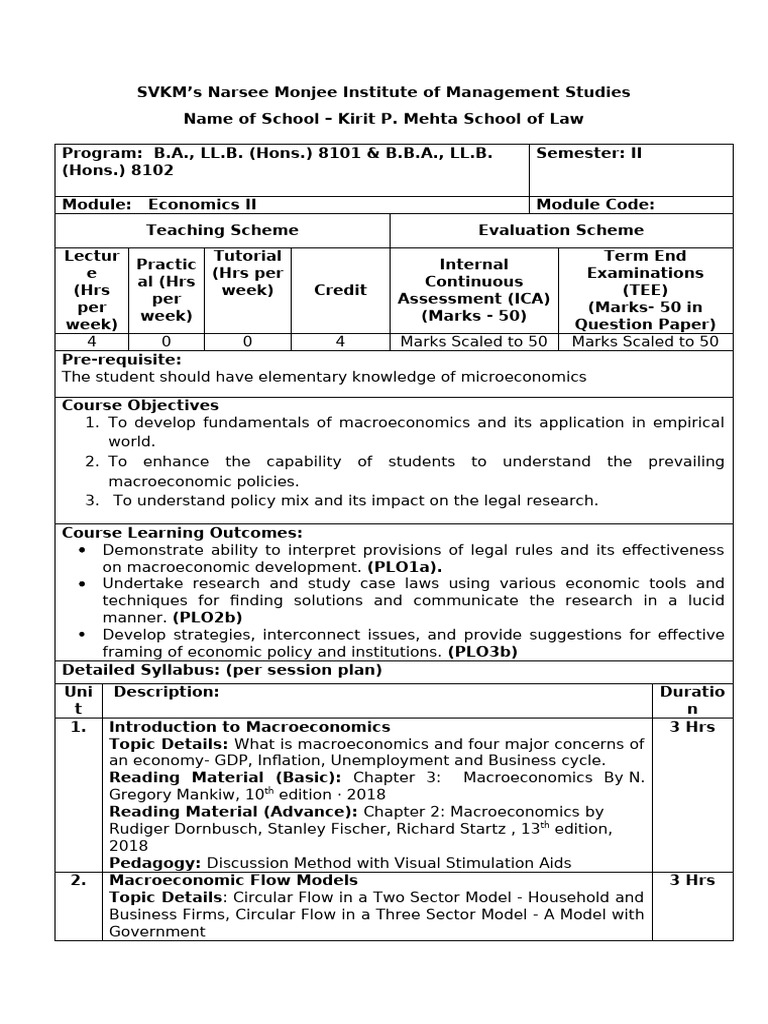 Economics Course Outline Pdf Macroeconomics Inflation