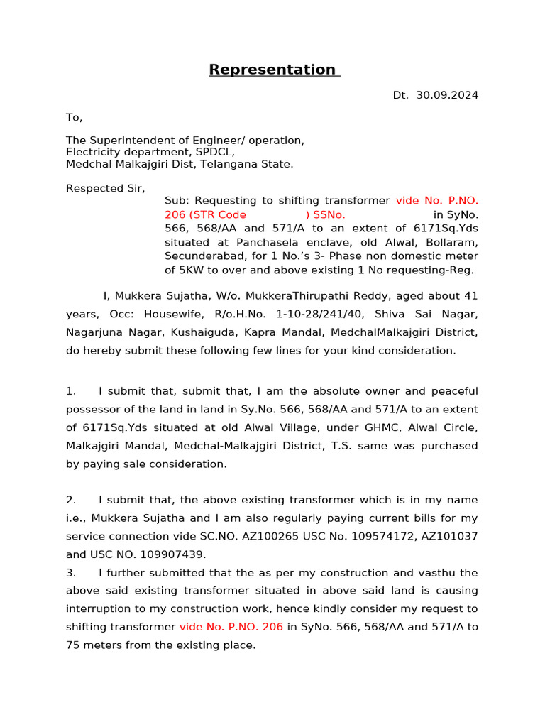 Representation Mukkera Sujatha Reddy Commissioner | PDF