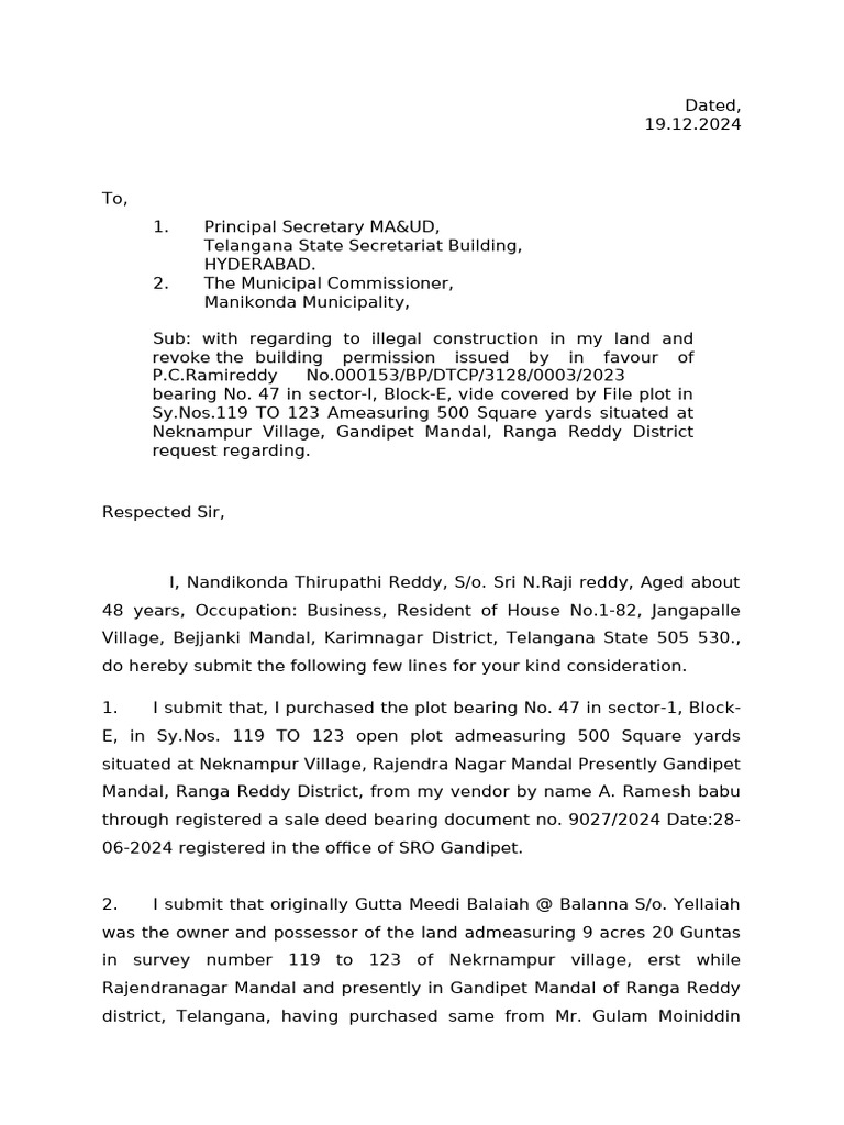 RC Reddy Letter To Municipality | PDF | Justice | Crime & Violence