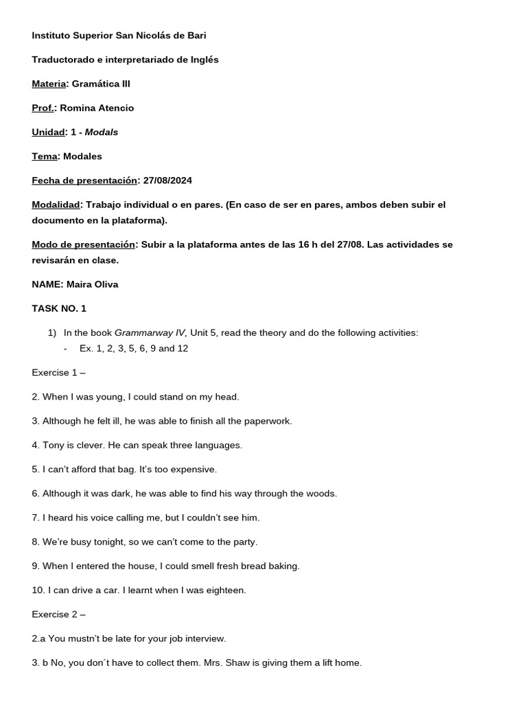 Task No - 1 - Grammar III - Modals - MAIRA OLIVA | PDF
