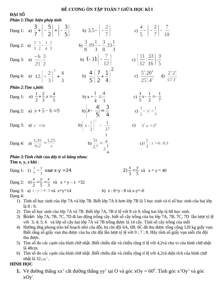 De Cuong On Thi Giua Hoc Ki 1 Toan 7 Dai Tra | PDF