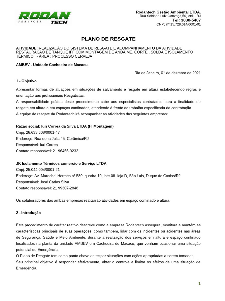Plano de Resgate Ambev - Restauração Tanque Iff | PDF