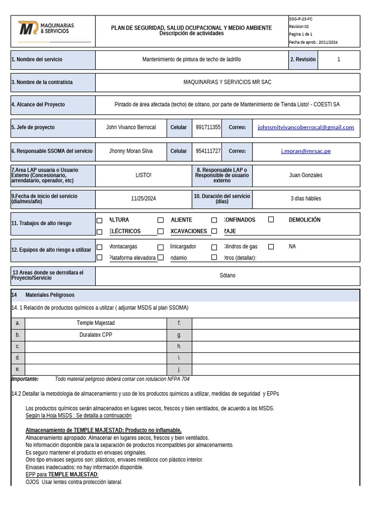 Plan SSOMA - Filtración Sótano - MRSAC | PDF | Riesgo | Neumonía