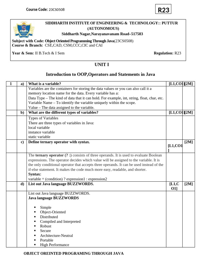 r23 Oops Qb With Answers | PDF | Class (Computer Programming) | Method (Computer Programming)