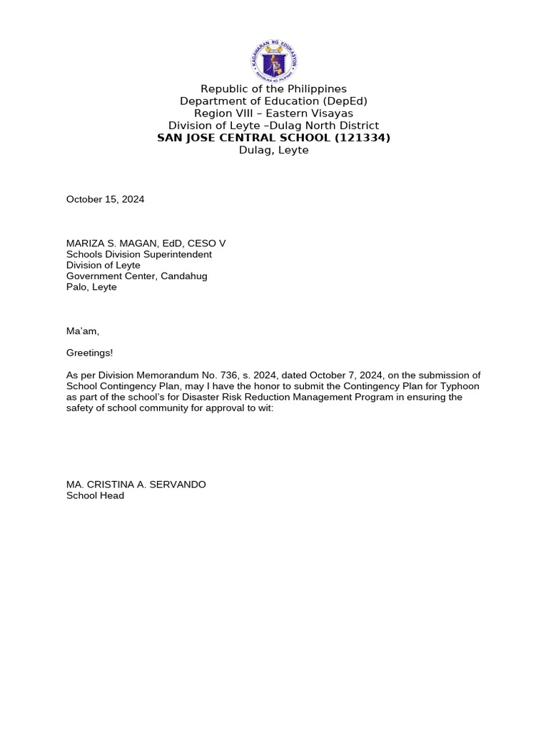 Typhoon Contingency Plan for Dulag School | PDF | Tropical Cyclones ...