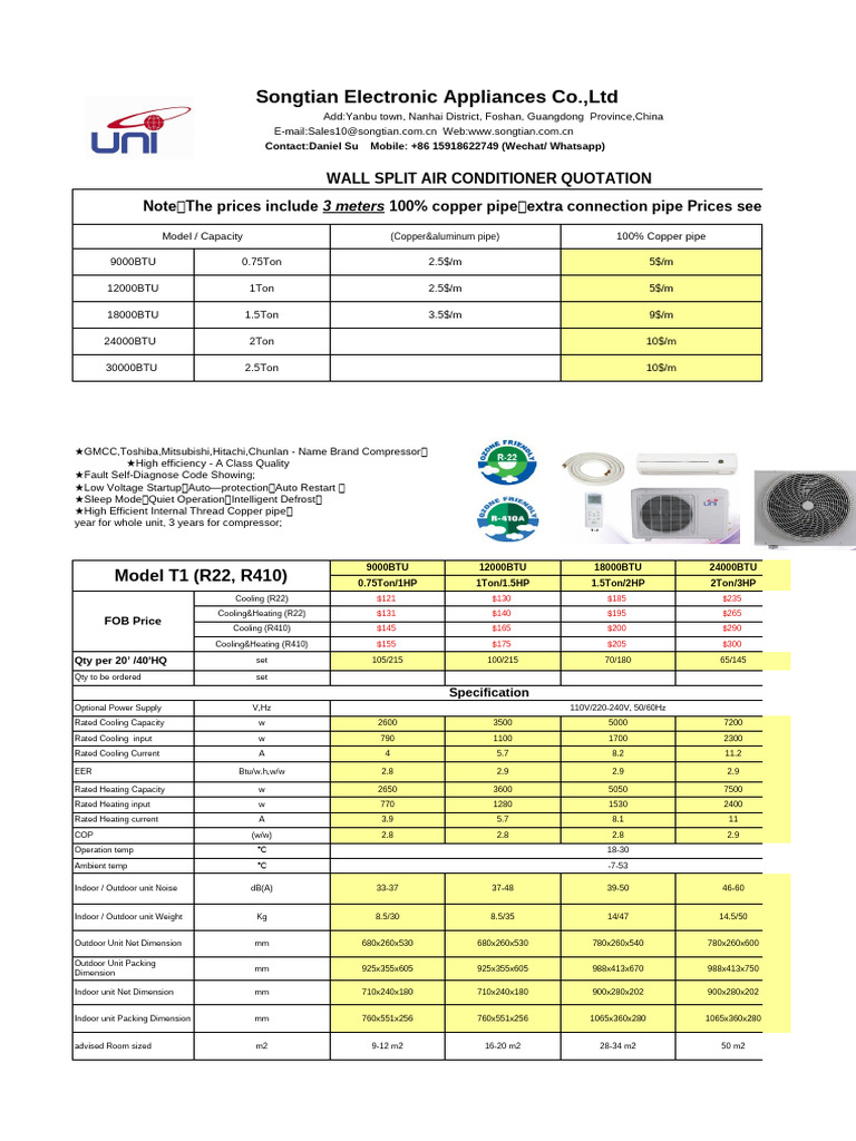 Songtian Wall Split AC Quotation | PDF | Manufactured Goods | Electricity