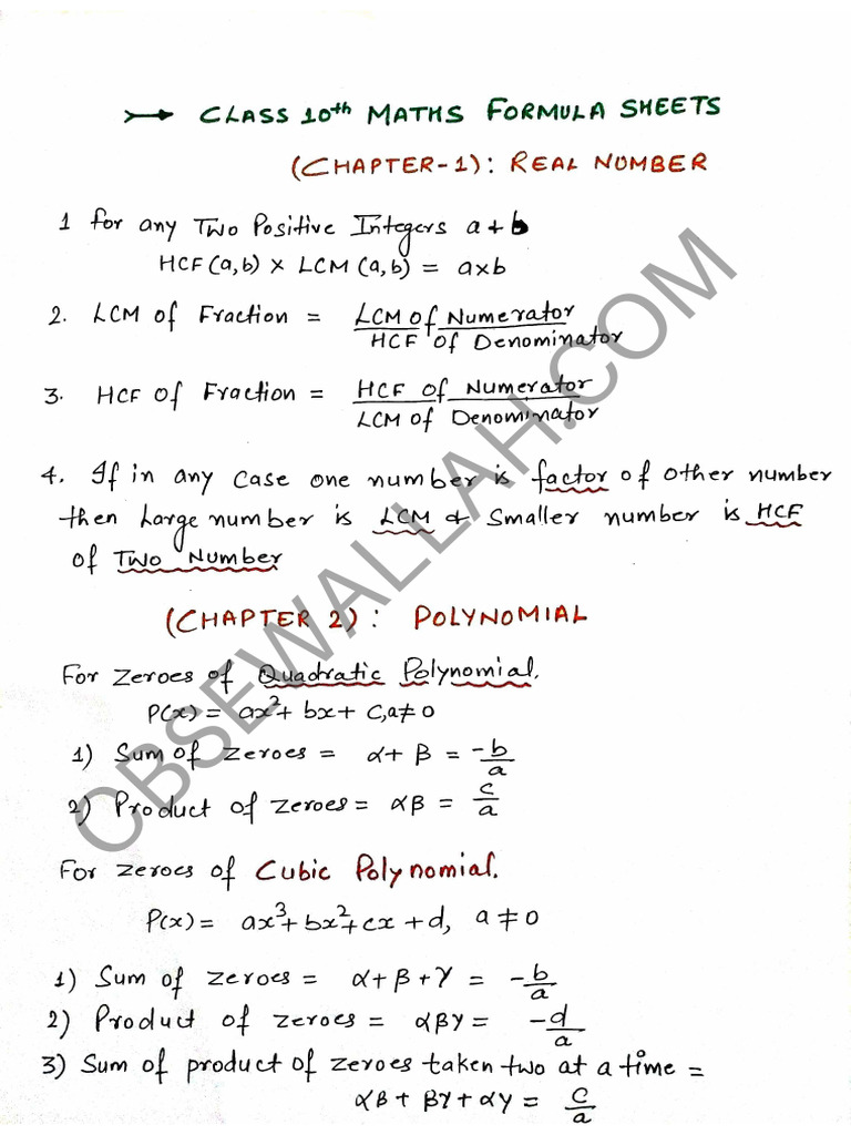 Class 10th Maths Formula Sheets | PDF