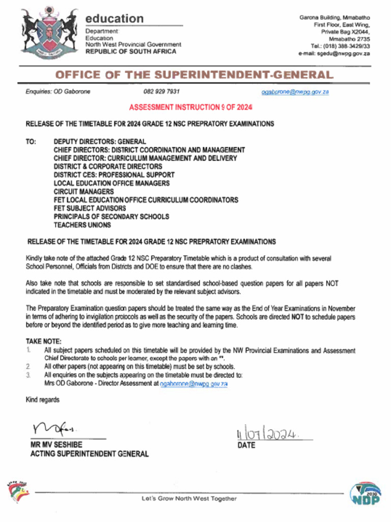 Assessment Instruction 09 of 2024 - Prep Time Table | PDF