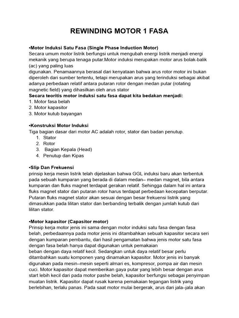 Panduan Rewinding Motor 1 Fasa | PDF