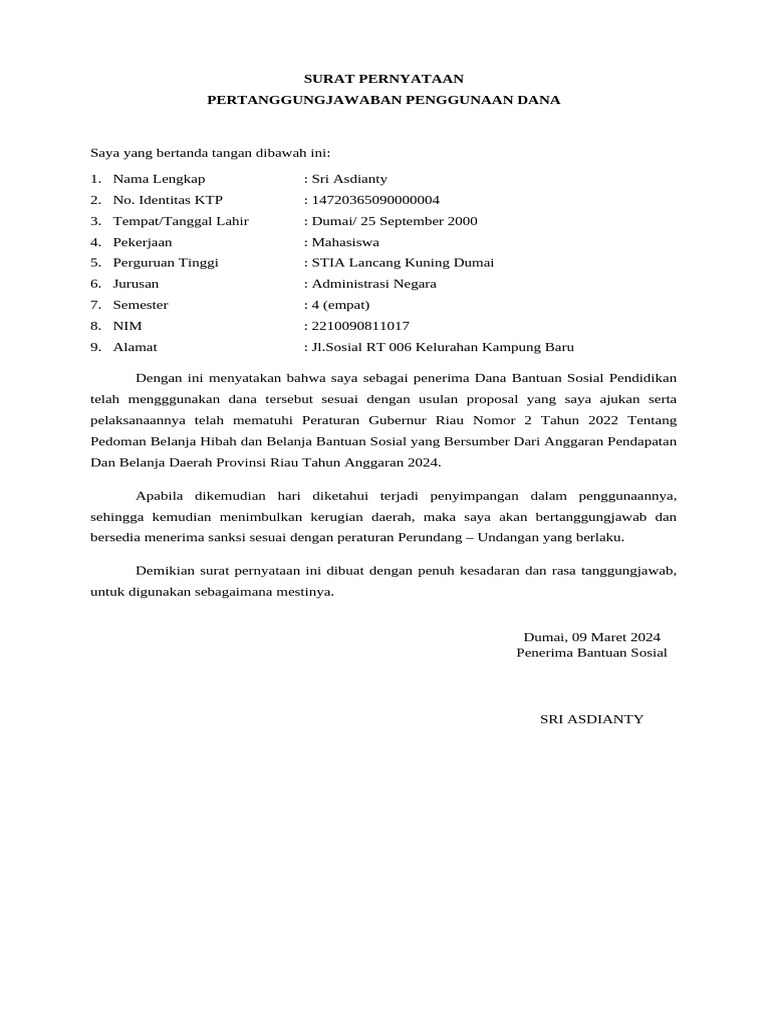 Surat Pernyataan Pertanggungjawaban Penggunaan Dana | PDF