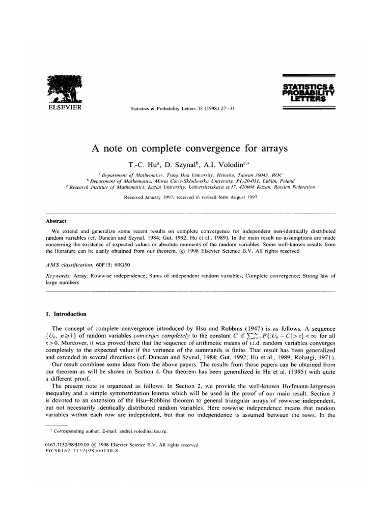 A Note on Complete Convergence for Arrays | PDF
