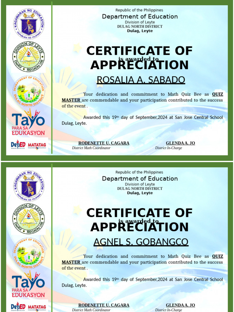 Certificate of Appreciation-Math Quiz Bee | PDF | Government Related ...