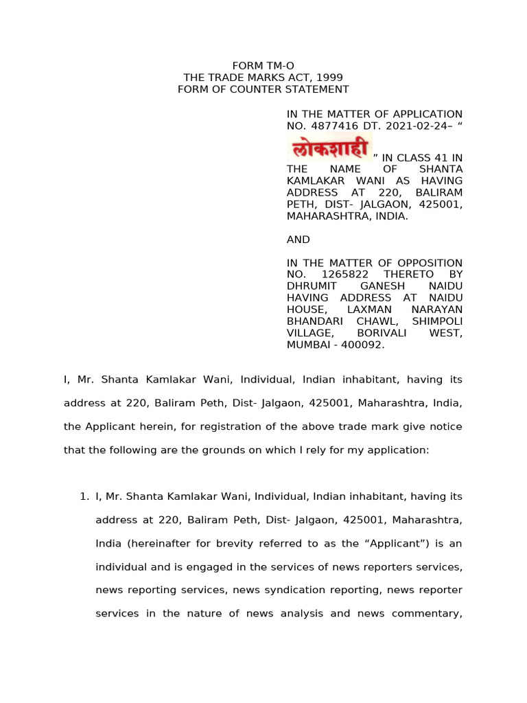 Lokshahi Trademark Opposition Response | PDF | Trademark | Bad Faith