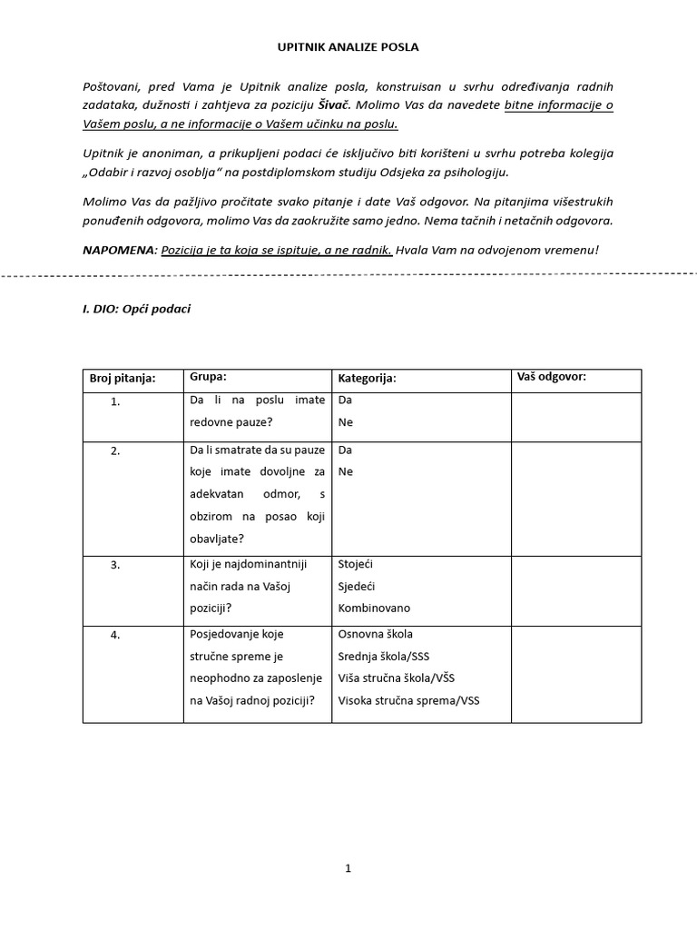 UPITNIK ANALIZE POSLA Verzija 2 | PDF