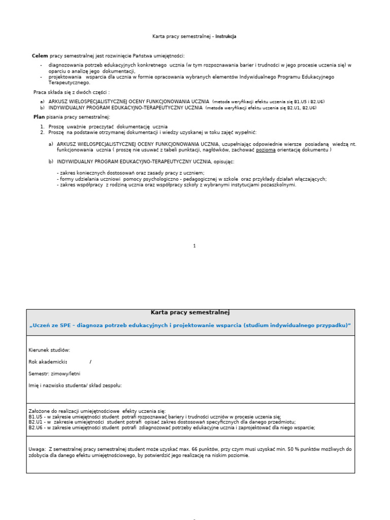 Karta Pracy Semestralnej Saternus Komorowska | PDF
