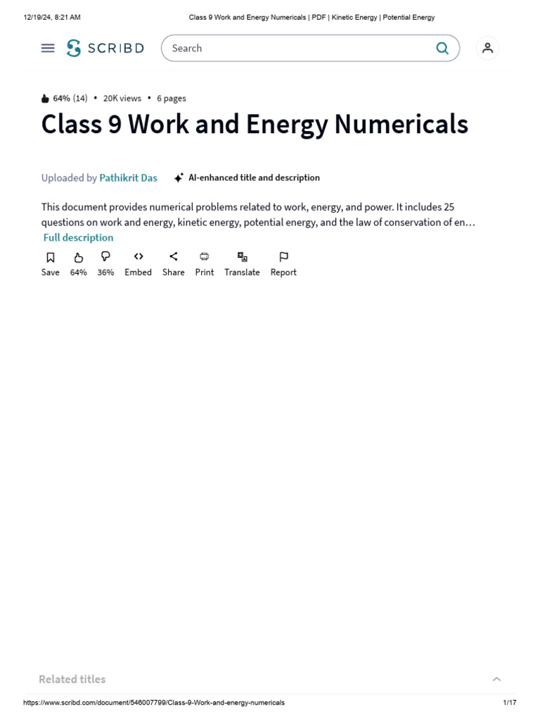 Class 9 Work & Energy Problems | PDF | Scribd | Physics