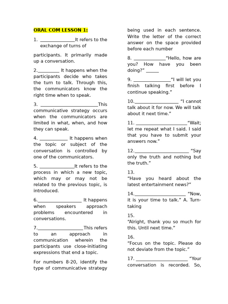 ORAL COM L1 | PDF | Conversation | Human Communication