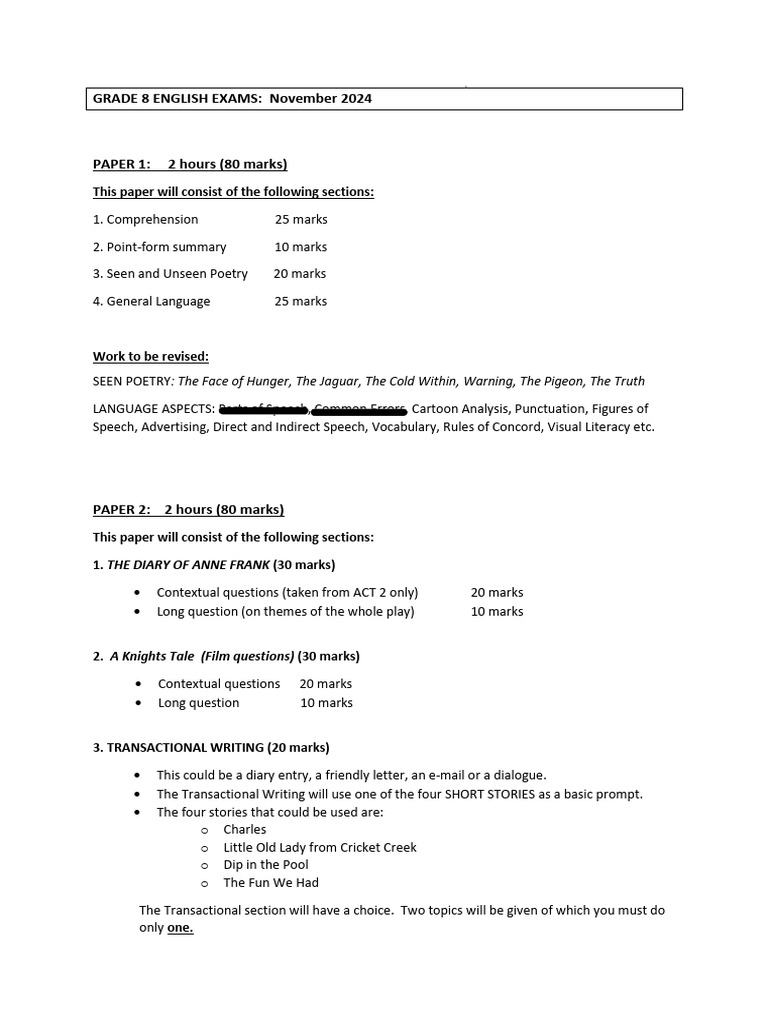 Grade 8 English Exam Guide 2024 | PDF