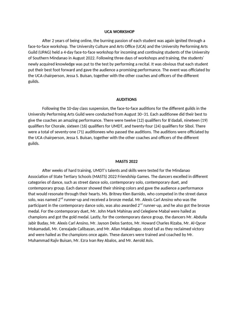 UMDT narrative report | PDF | Audition | Oral Literature