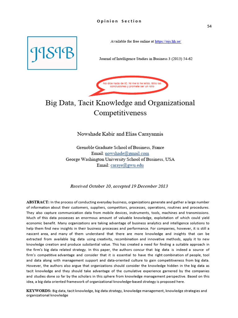 Big Data, Tacit Knowledge and Organizational Competitiveness | PDF | Big Data | Knowledge