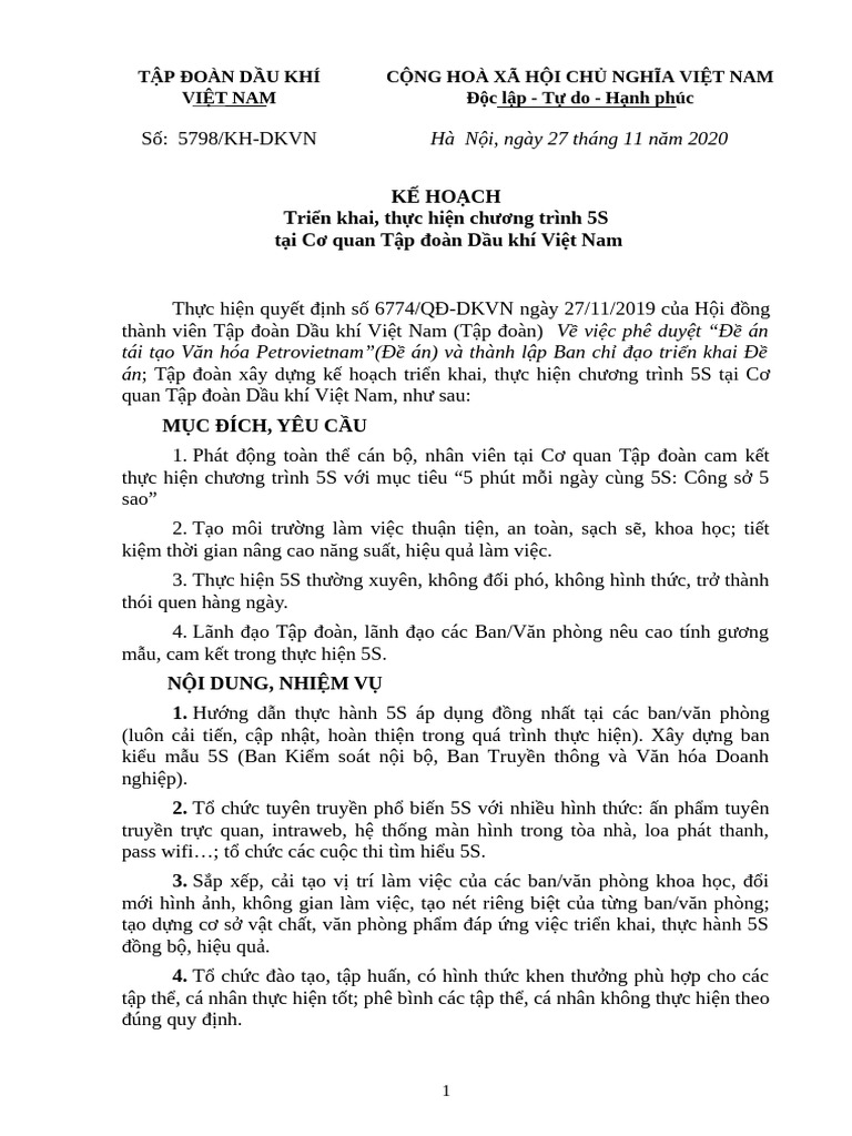 2020_5798 KH trien khai 5S tai co quan Tap doan | PDF