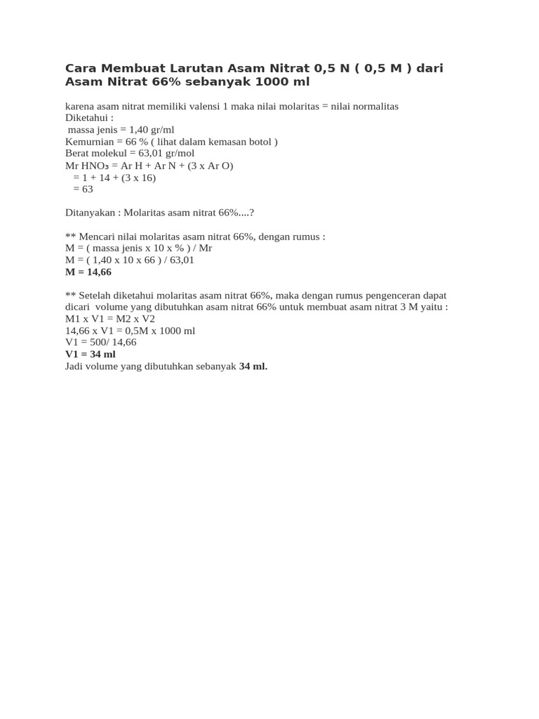 Cara Membuat Larutan Asam Nitrat 0,5 N | PDF