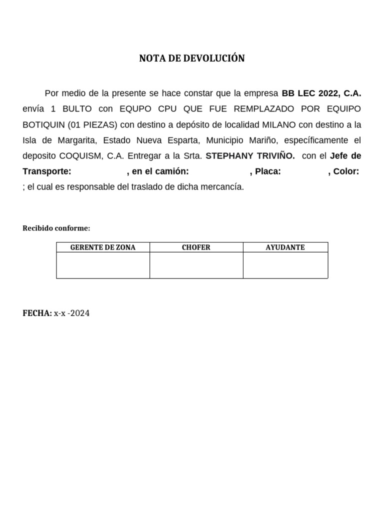 Nota de Devolución | PDF