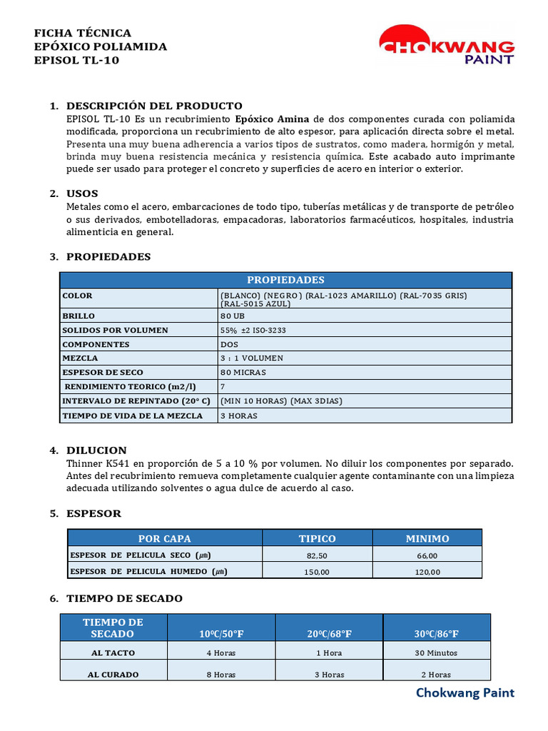 Epóxico Poliamida EPIOL TL-10 Chokwang | PDF | Hormigón | Epoxy