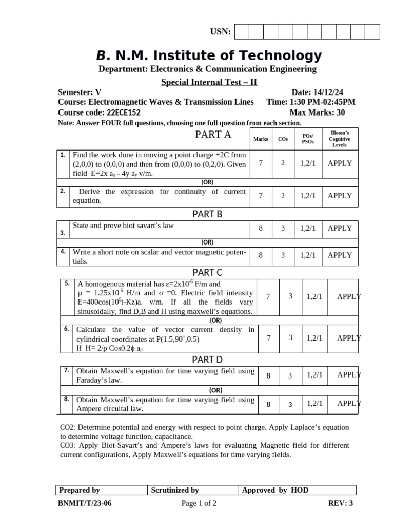 22ECE152 Special IA2 QP | PDF | Maxwell's Equations | Physical Quantities