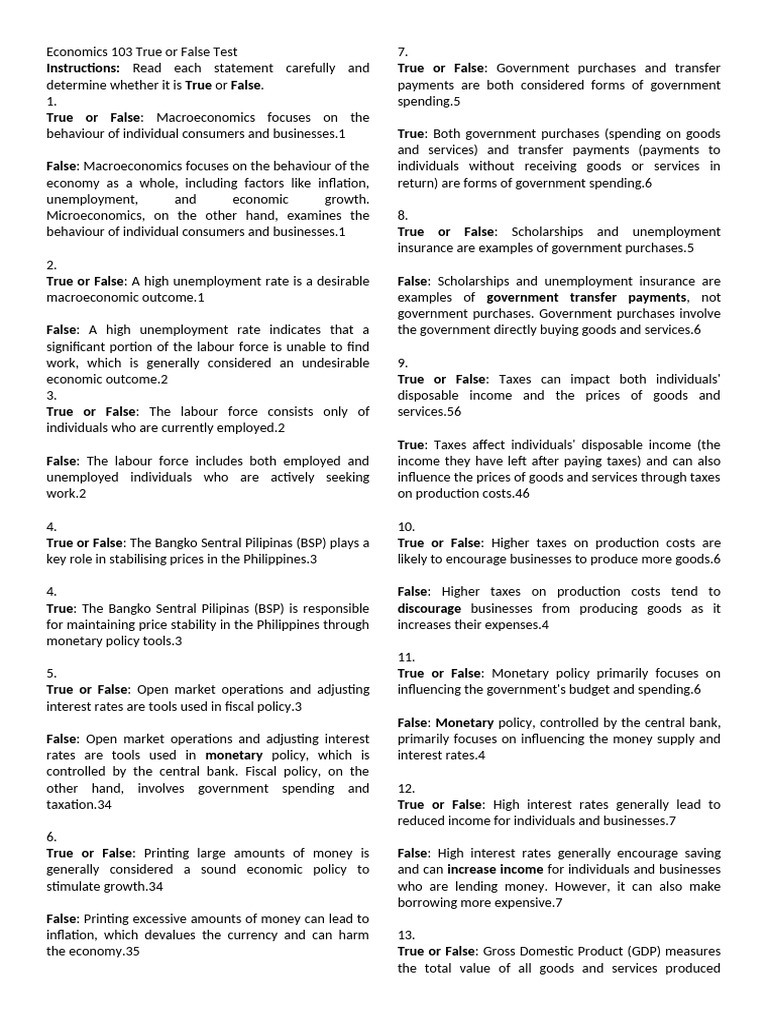 Economics 103 True or False Test | PDF | Cost Of Living | Gross ...
