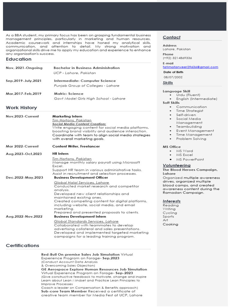 Nusrat Fatima CV 2024 | PDF | Human Communication | Business
