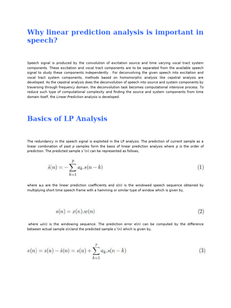 Why linear prediction analysis is important in speech | PDF | Autocorrelation | Mathematical Objects